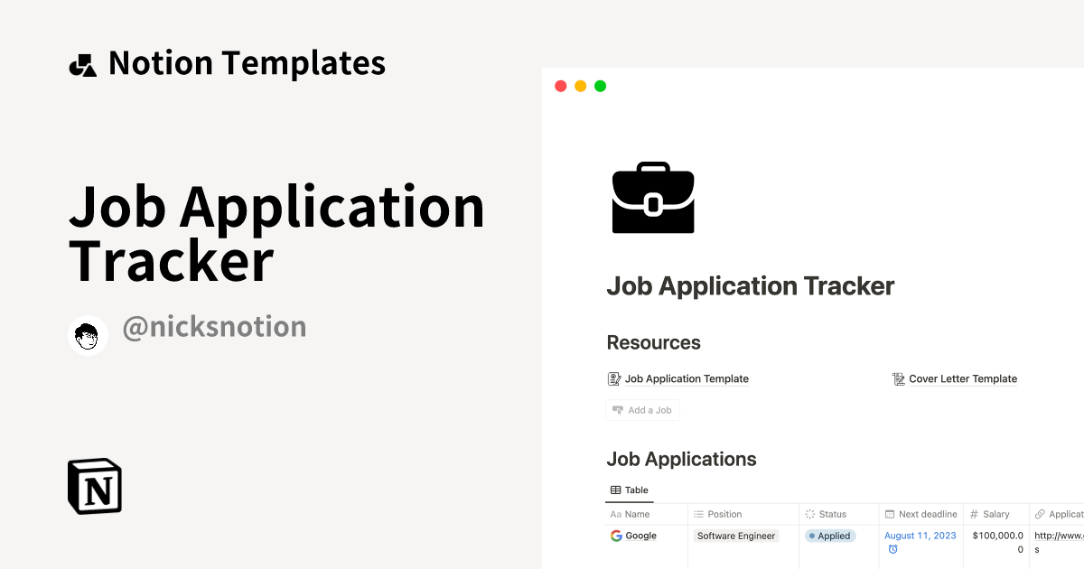 Job Application Tracker Template by NicksNotion | Notion Marketplace