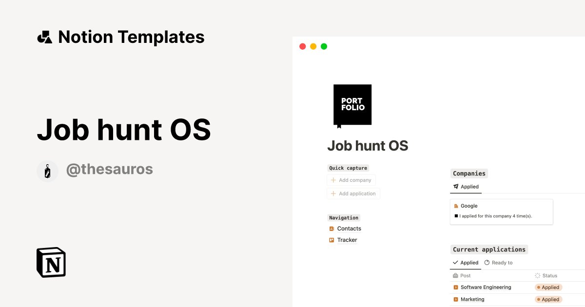 Job hunt OS Template by Thesauros | Notion Marketplace