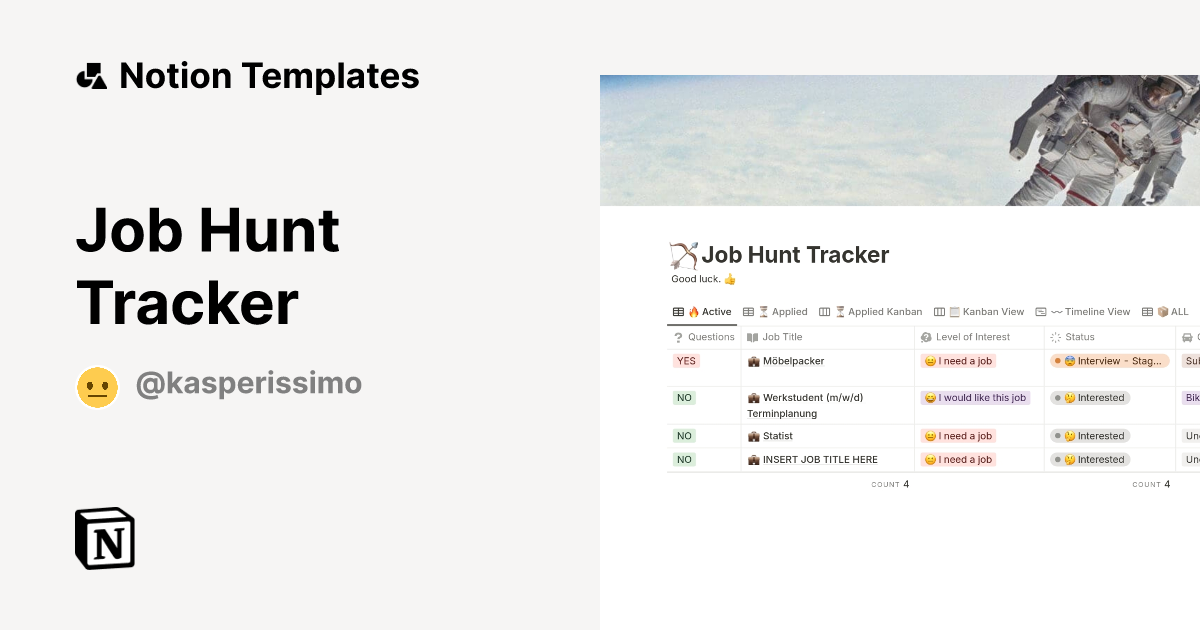 Job Hunt Tracker Template by Kasperissim0 | Notion Marketplace