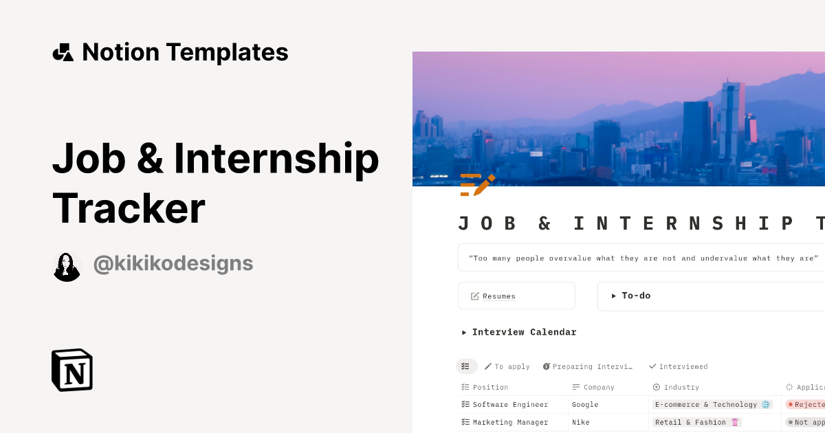 Job & Internship Tracker Template by kikikodesigns | Notion Marketplace