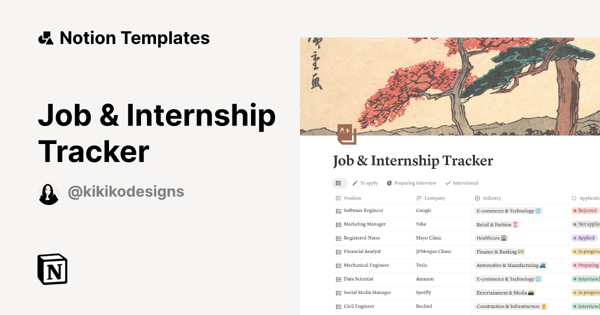 Job & Internship Tracker Template by kikikodesigns | Notion Marketplace