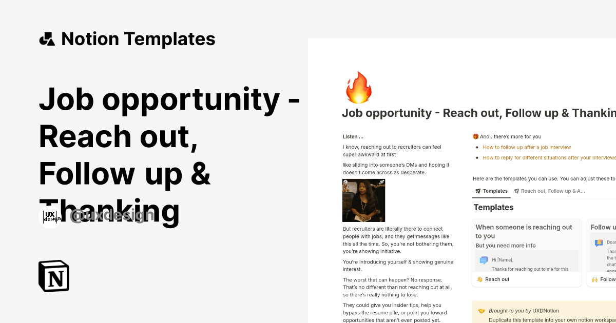 Job opportunity - Reach out, Follow up & Thanking Template | Notion Marketplace