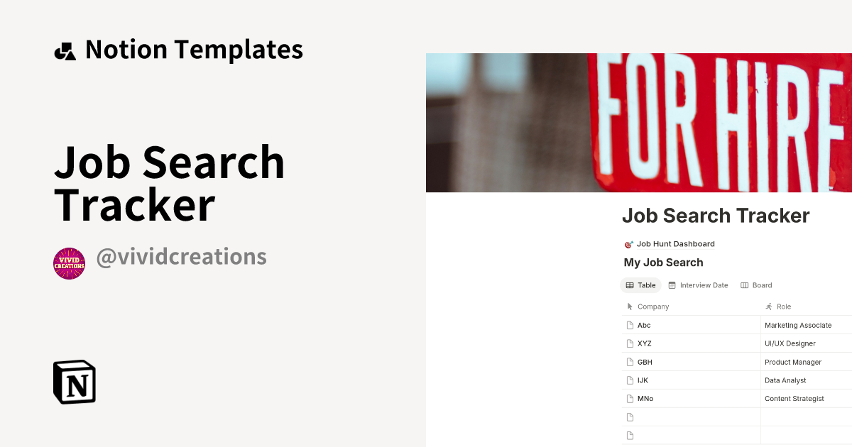 Job Search Tracker Template by Vivid Creations | Notion Marketplace