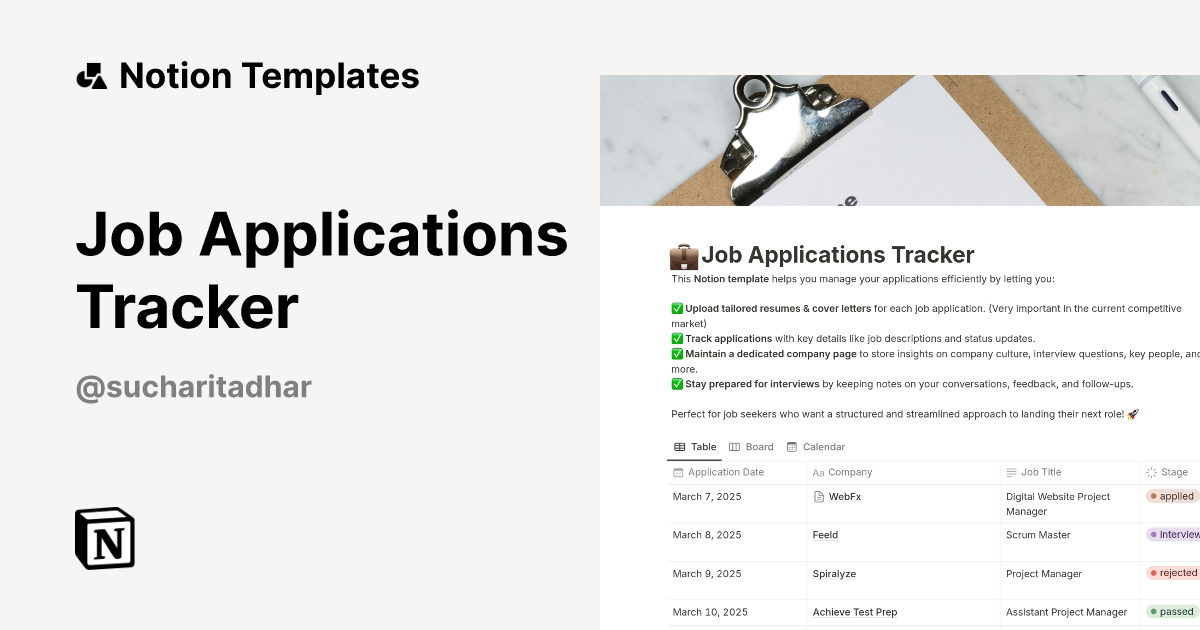 Job Applications Tracker Template by Sucharita Dhar | Notion Marketplace
