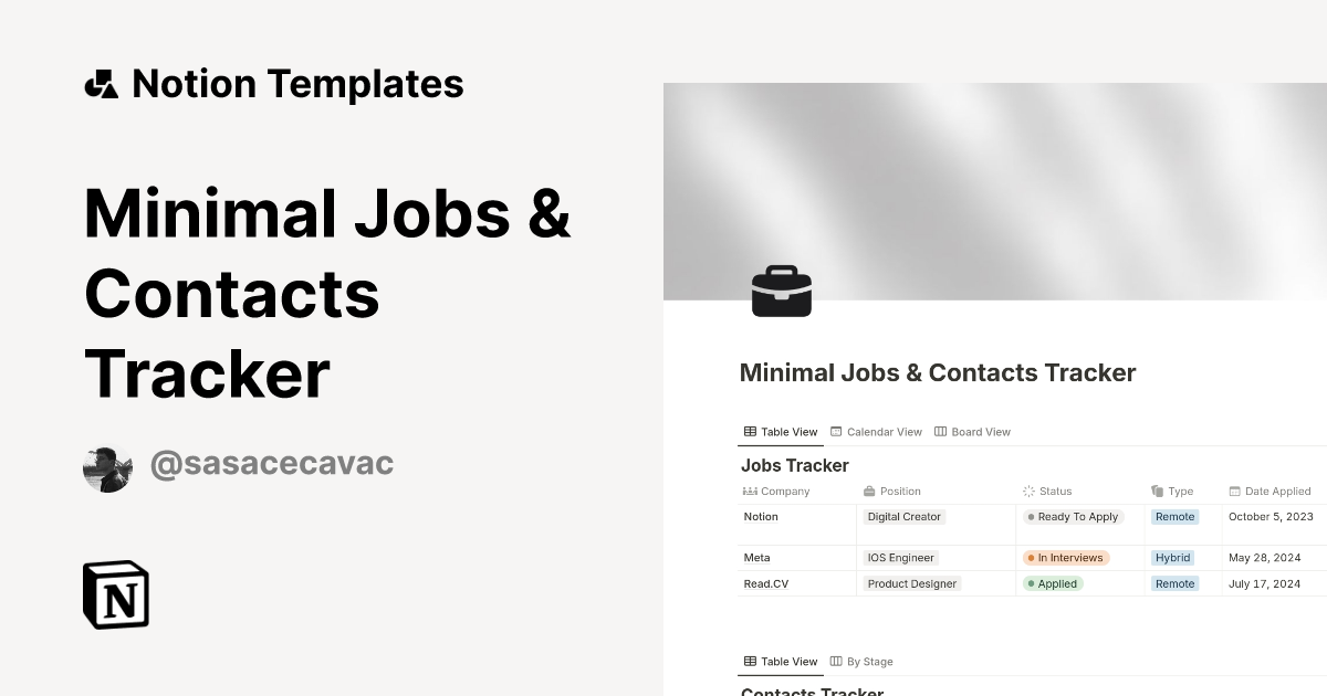 Minimal Jobs & Contacts Tracker Template by Saša Čečavac | Notion Marketplace
