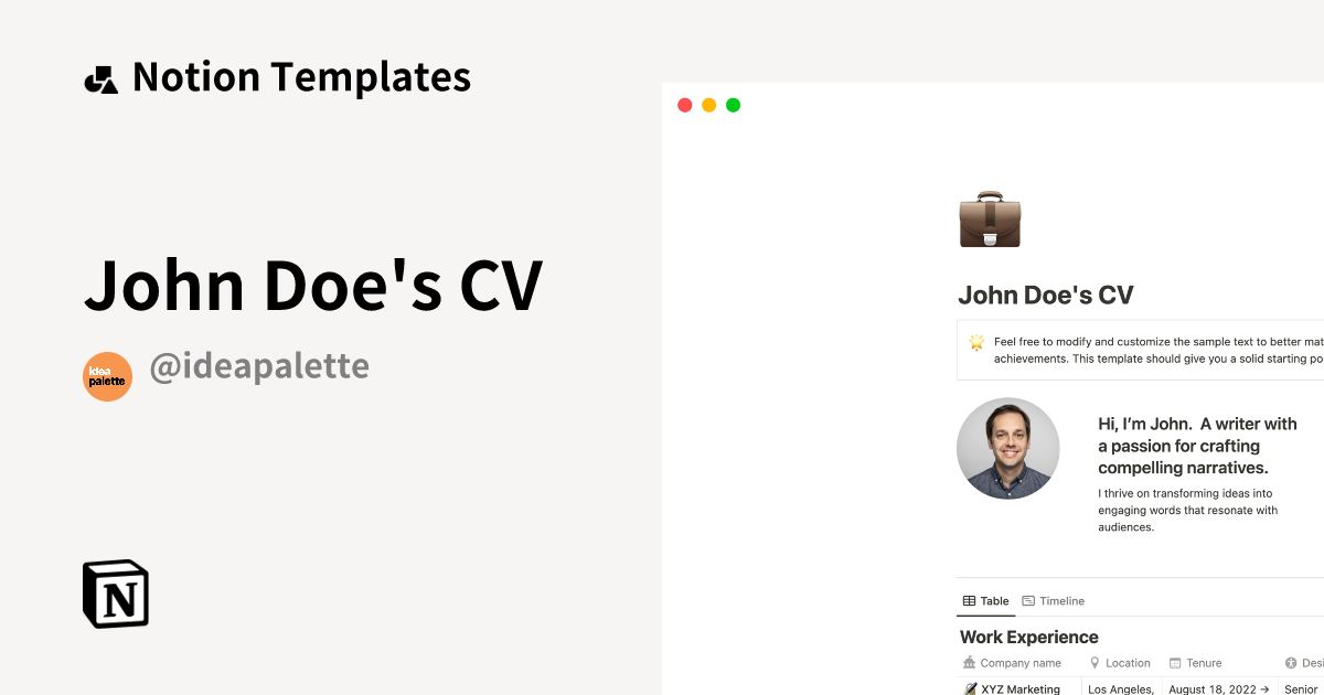 John Doe's CV Template by Idea Palette | Notion Marketplace