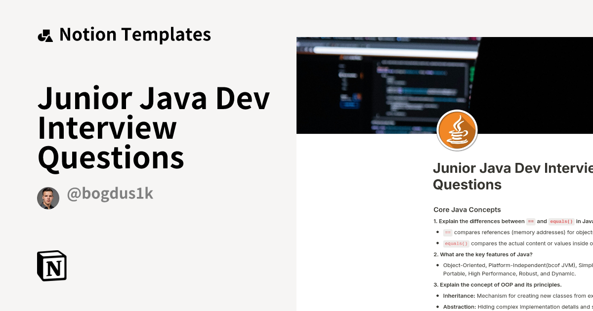 Junior Java Dev Interview Questions Template by Bogdusik | Notion Marketplace