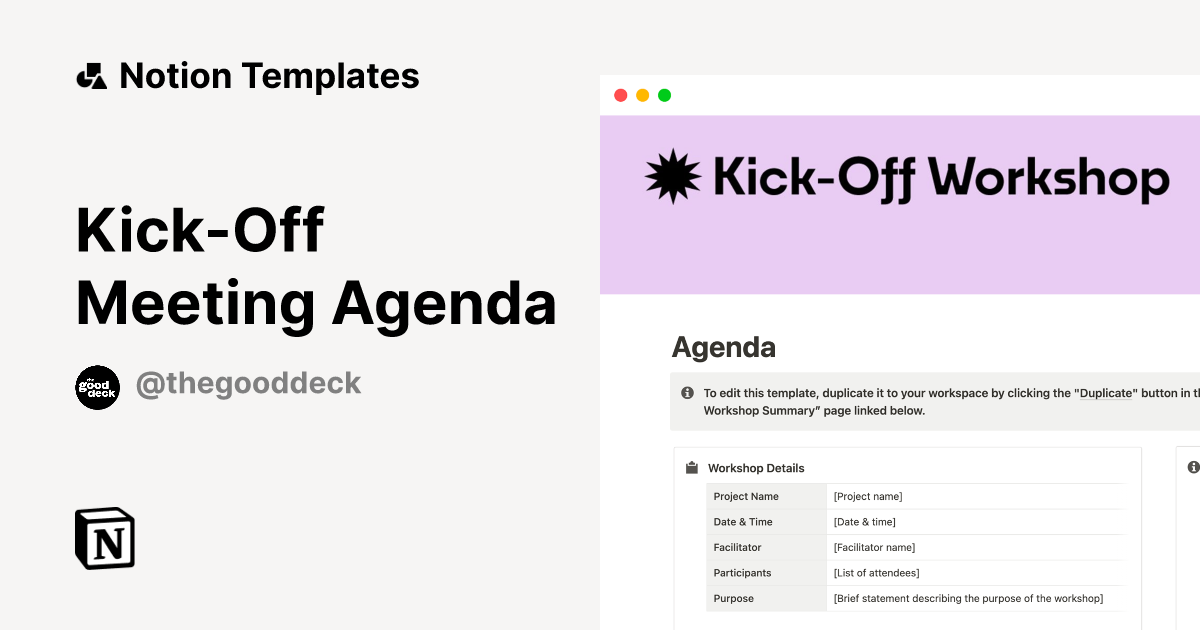 Kick-Off Meeting Agenda Template by The Good Deck | Notion Marketplace