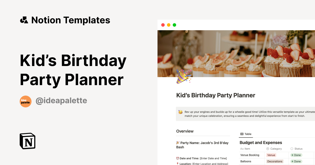 Kid’s Birthday Party Planner Template by Idea Palette | Notion Marketplace