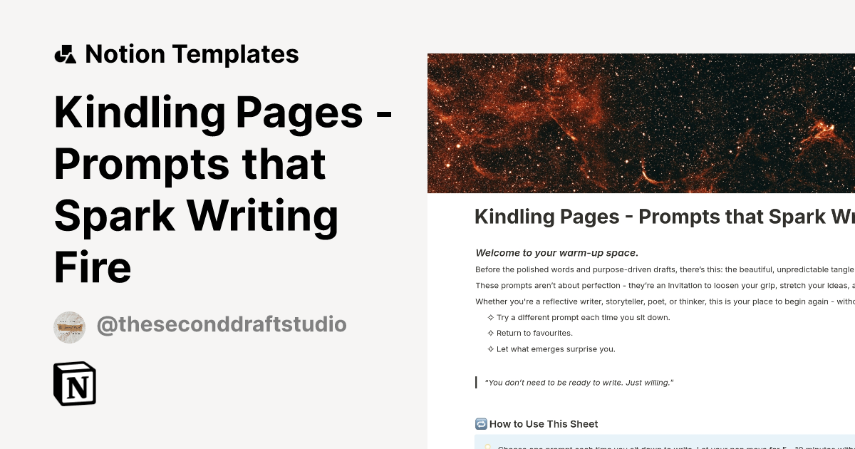Kindling Pages - Prompts that Spark Writing Fire Template | Notion Marketplace