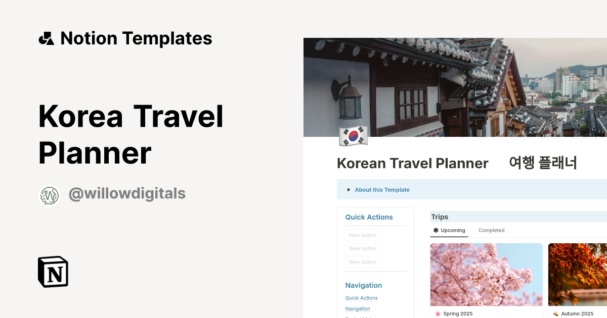 Korea Travel Planner Template by Willow Digitals | Notion Marketplace