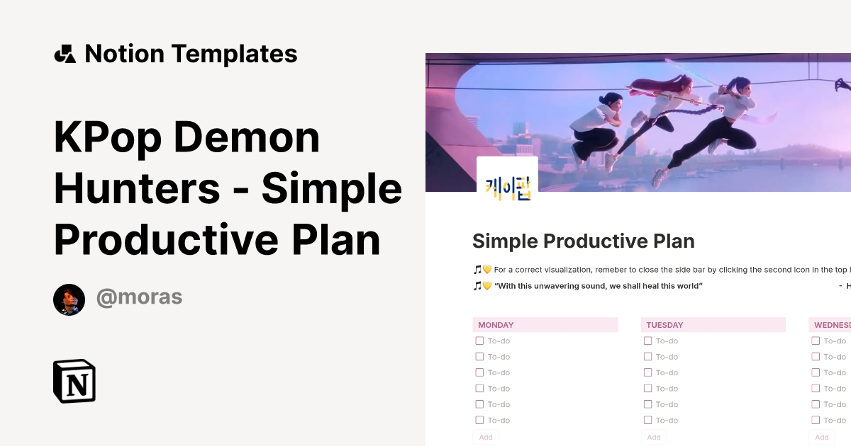 KPop Demon Hunters - Simple Productive Plan Template | Notion Marketplace