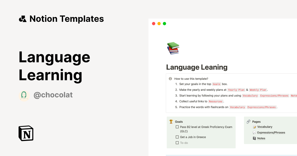 Language Learning Template by chocolat | Notion Marketplace