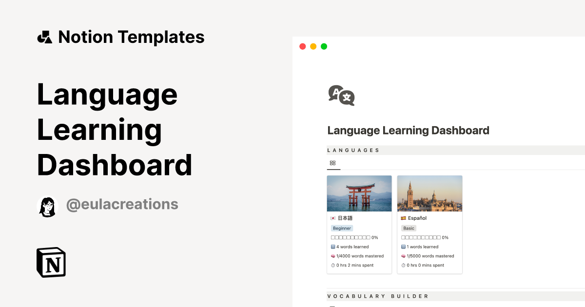 Language Learning Dashboard Template by Eula | Notion Marketplace