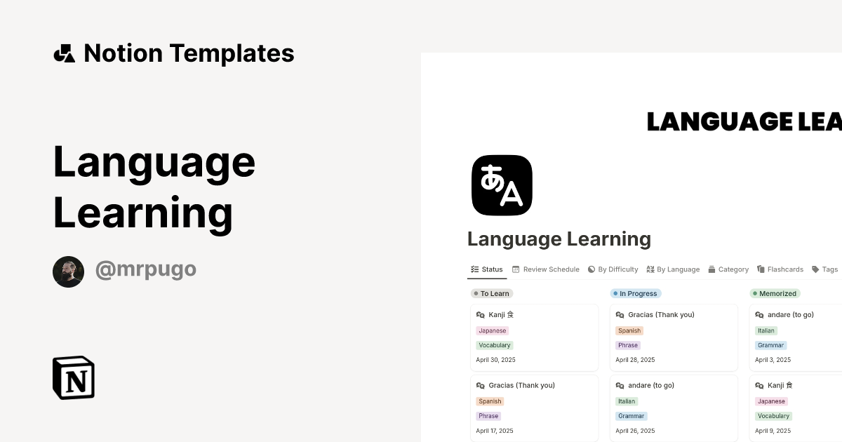 Language Learning Template by mrpugo | Notion Marketplace
