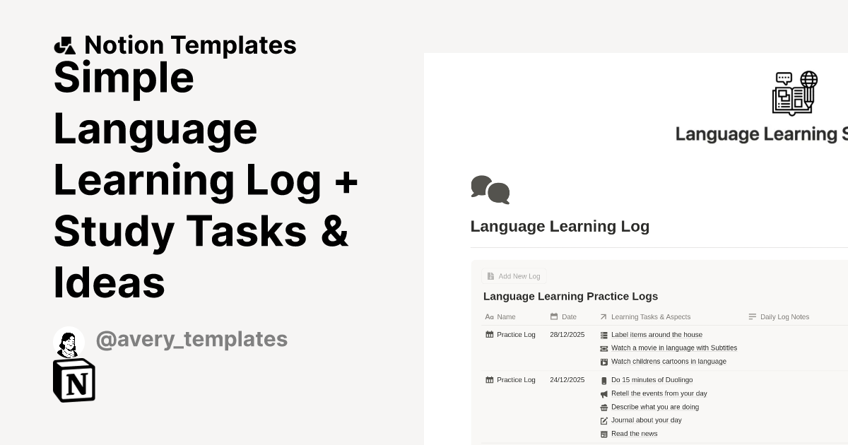 Simple Language Learning Log + Study Tasks & Ideas Template | Notion ...