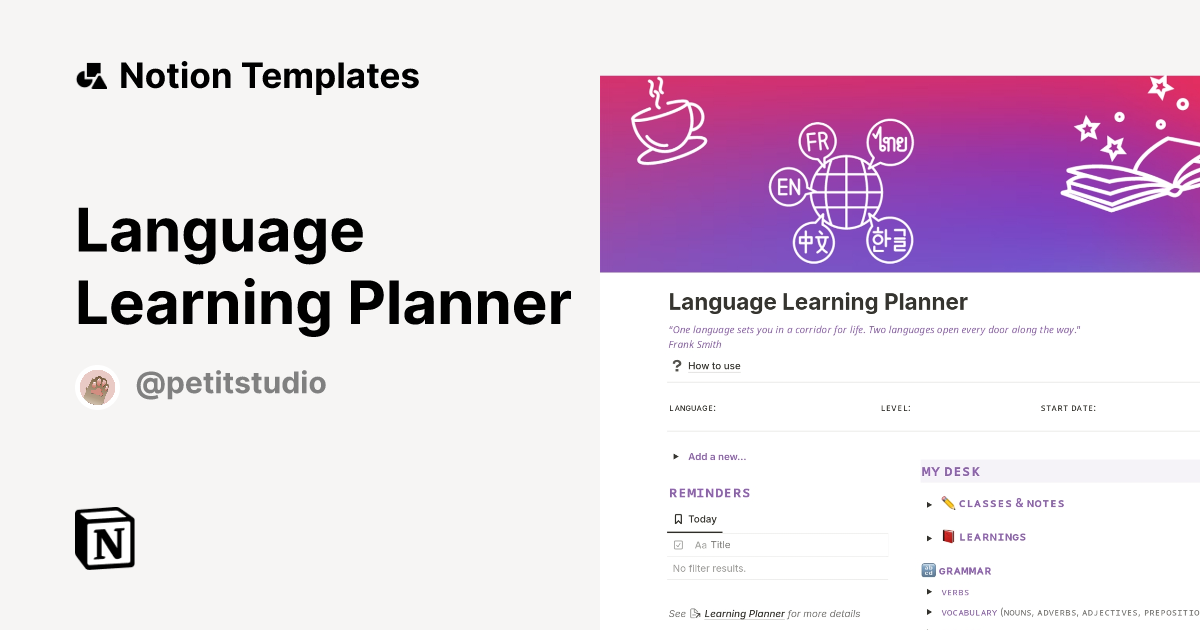 Language Learning Planner Template | Notion Marketplace Language Learning Planner Template | Notion Marketplace
