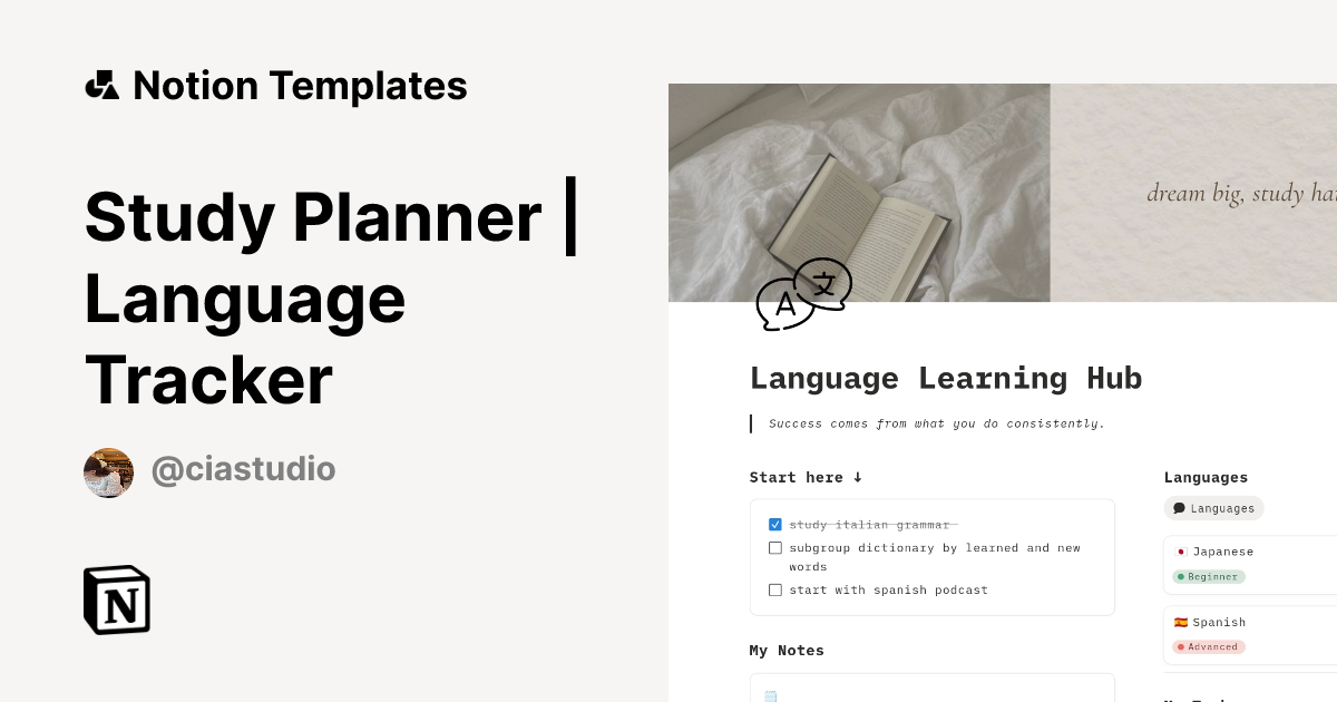 Study Planner | Language Tracker Template by Cia | Notion Marketplace
