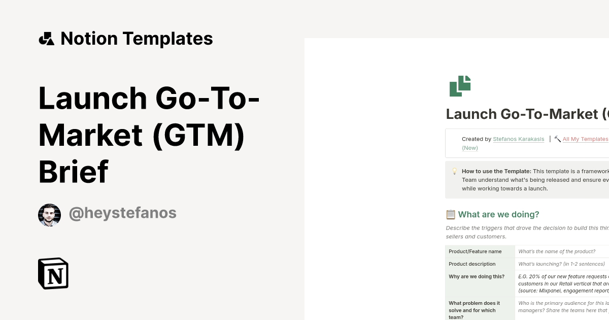 Launch Go-To-Market (GTM) Brief Template by Stefanos Karakasis | Notion Marketplace