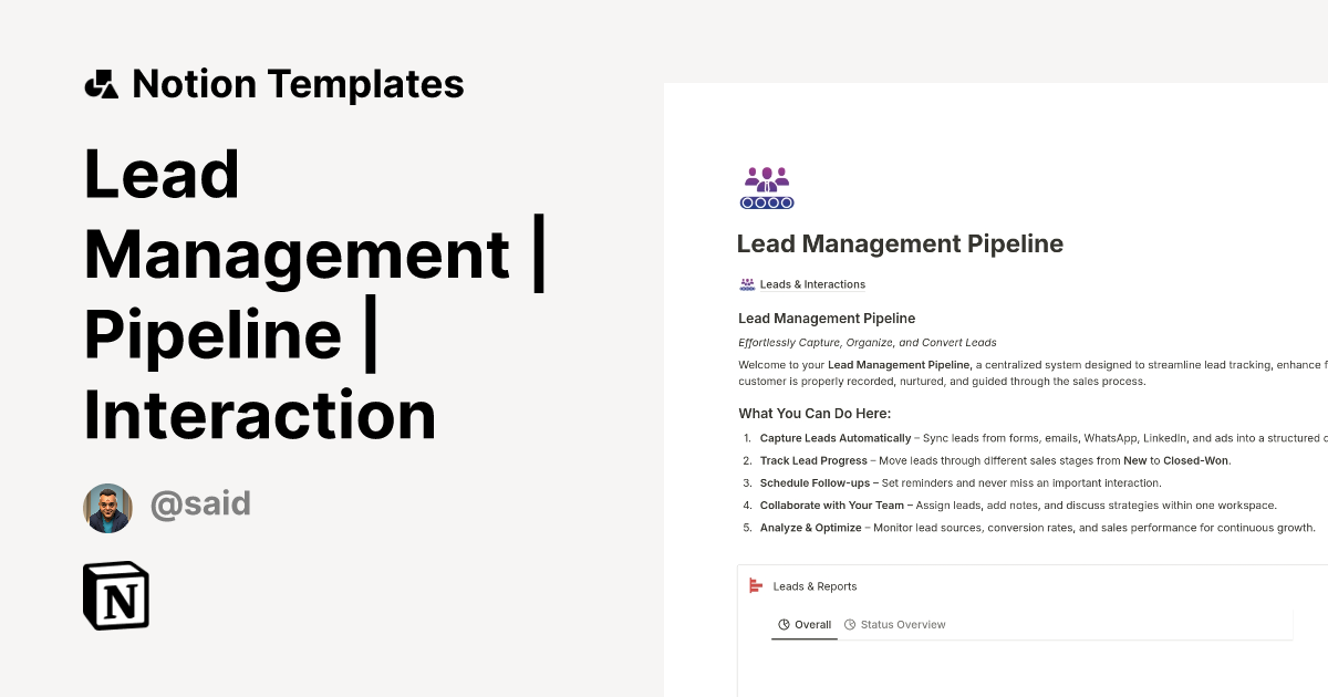 Lead Management | Pipeline | Interaction Template | Notion Marketplace
