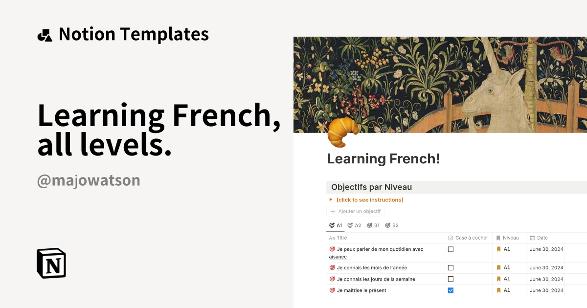 Learning French, all levels. Template | Notion Marketplace