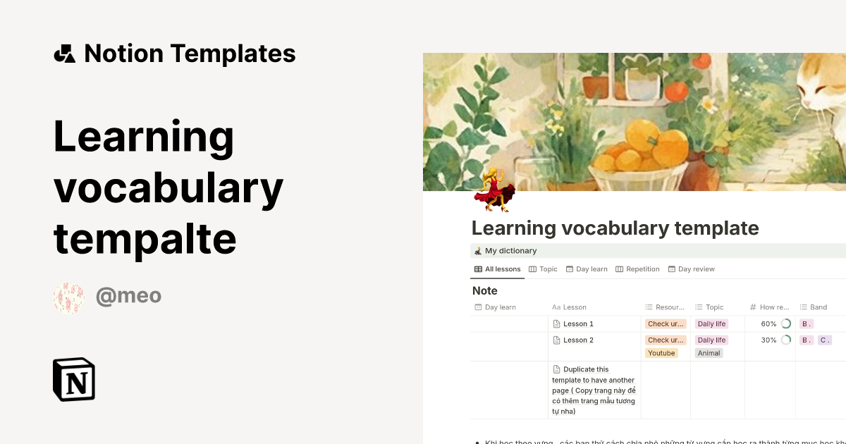 Learning vocabulary tempalte Template by meomeo | Notion Marketplace