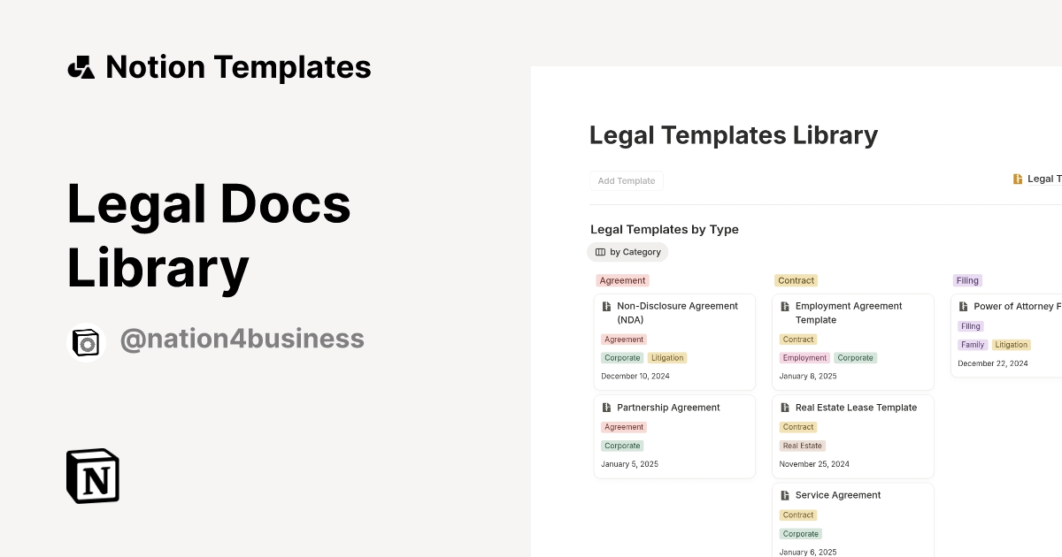 Legal Docs Library Template by Nation4Business | Notion Marketplace