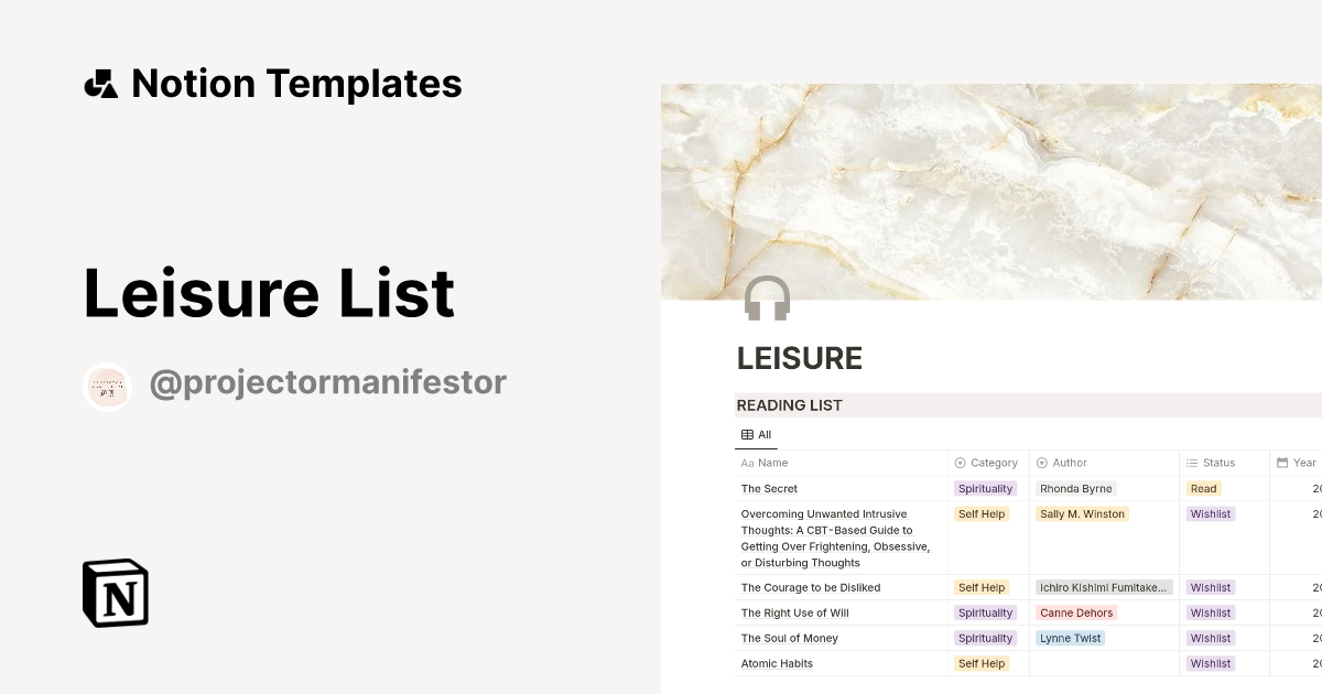 Leisure List Template by Projector Manifestor | Notion Marketplace