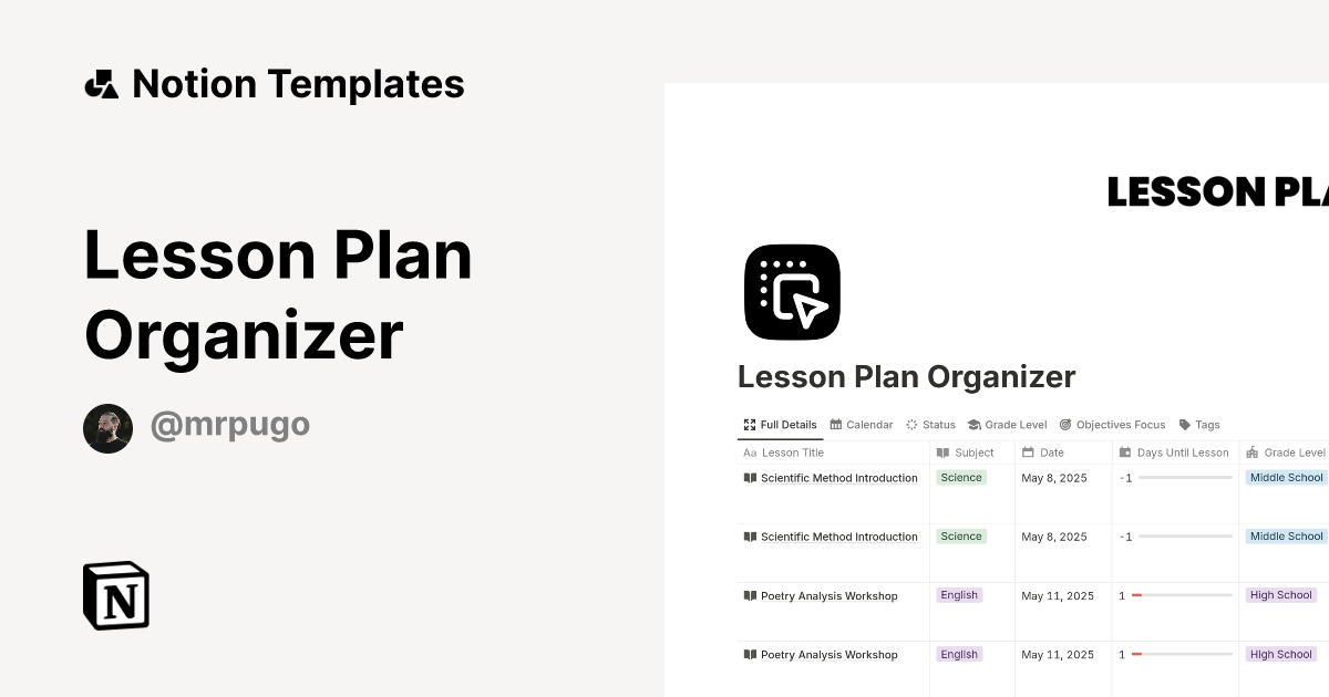 Lesson Plan Organizer Template by mrpugo | Notion Marketplace