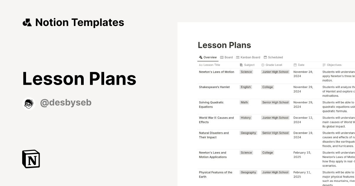 Lesson Plans Template | Notion Marketplace
