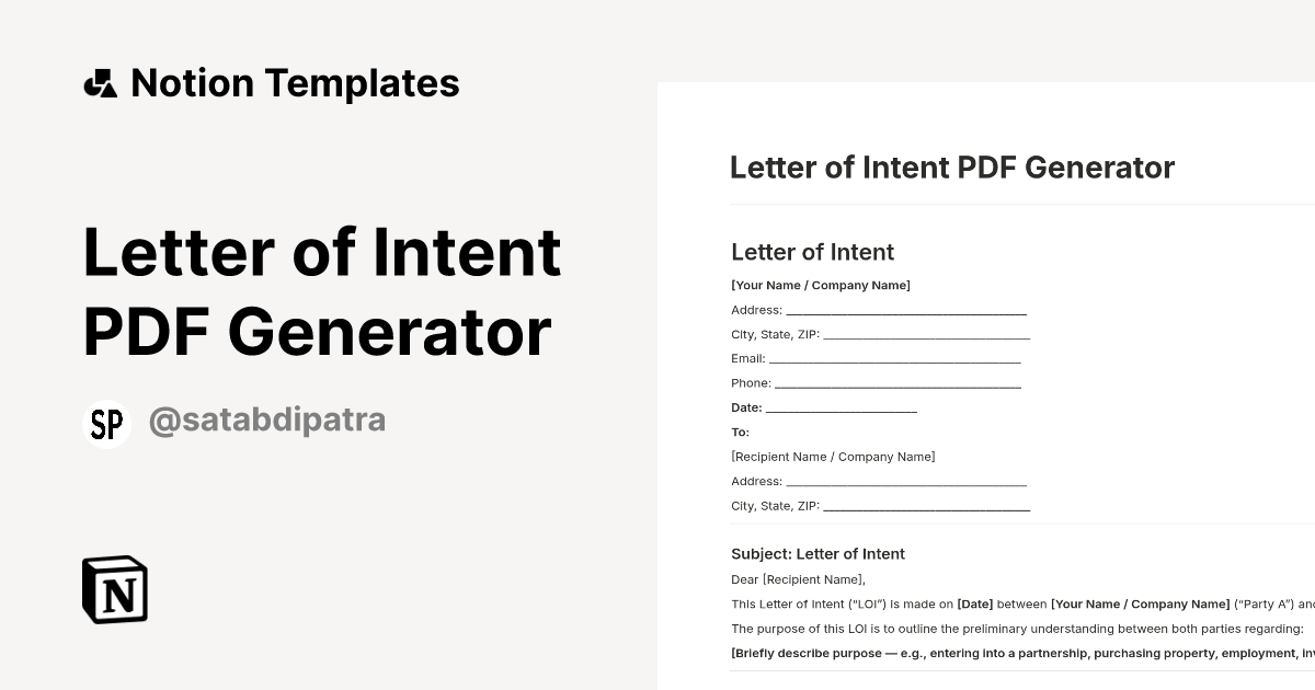 Letter of Intent PDF Generator Template | Notion Marketplace