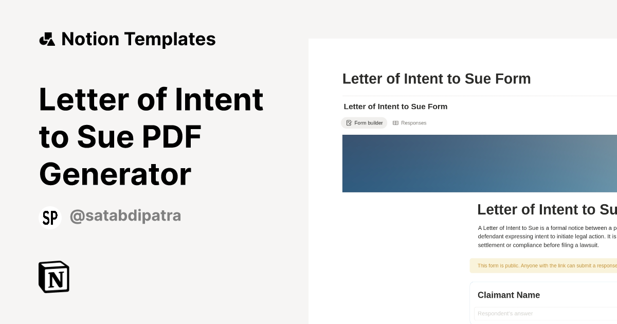 Letter of Intent to Sue PDF Generator Template | Notion Marketplace
