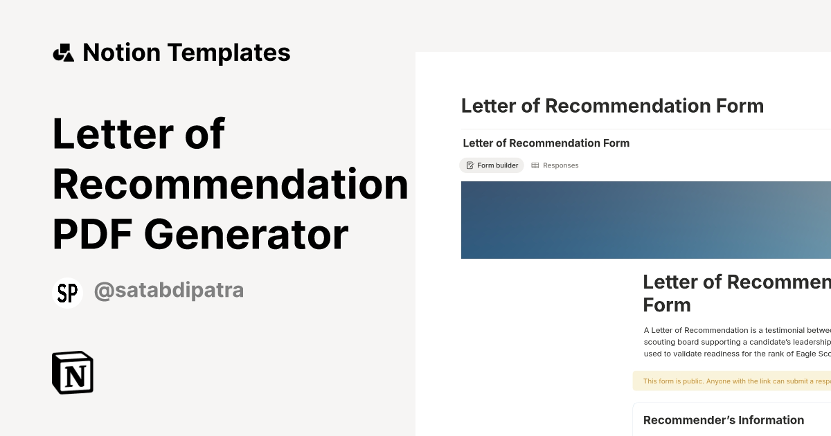 Letter of Recommendation PDF Generator Template by Satabdi Patra ...