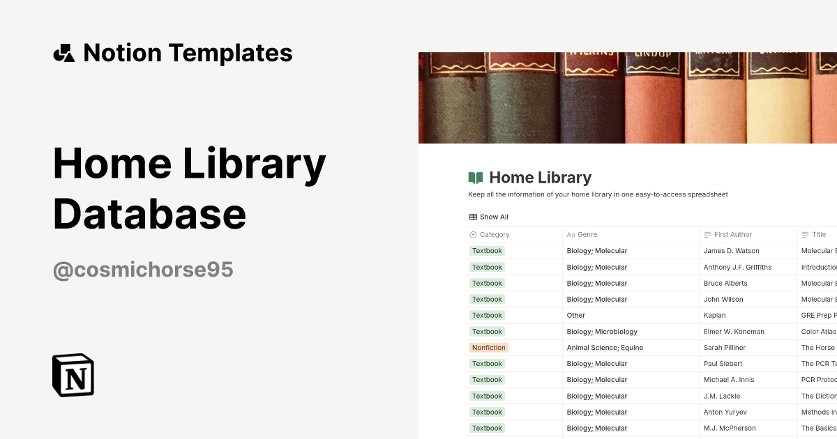 Home Library Database Template by CosmicHorse95 | Notion Marketplace