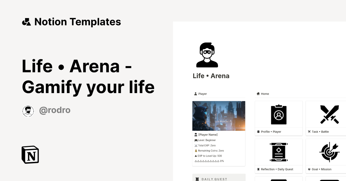 Life • Arena - Gamify your life Template by Rodro | Notion Marketplace