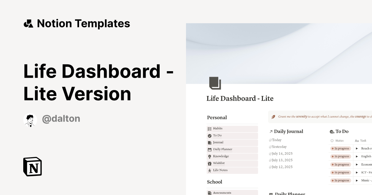 Life Dashboard - Lite Version Template | Notion Marketplace
