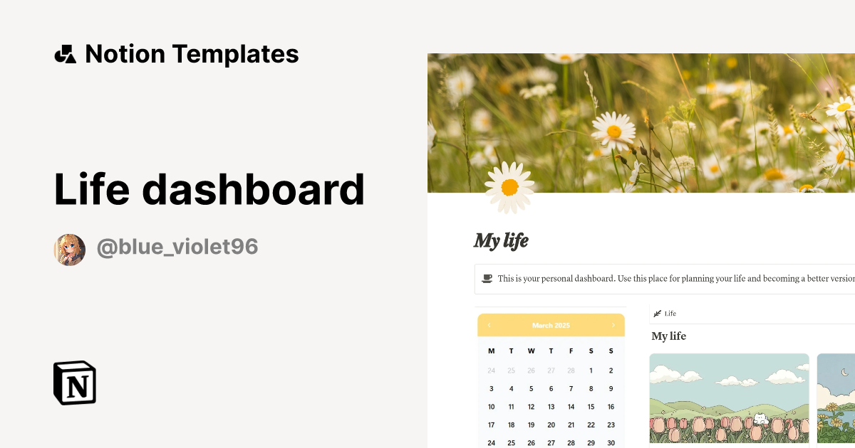 Life dashboard Template by Notion Shelf | Notion Marketplace
