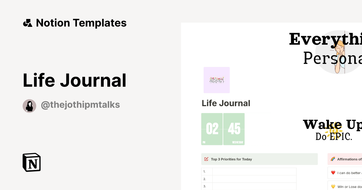 Life Journal Template by Jothi PM | Notion Marketplace