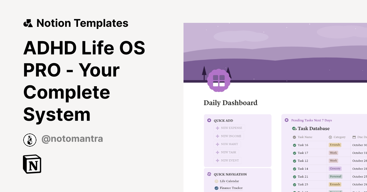 ADHD Life OS PRO - Your Complete System Template by NotoMantra | Notion ...