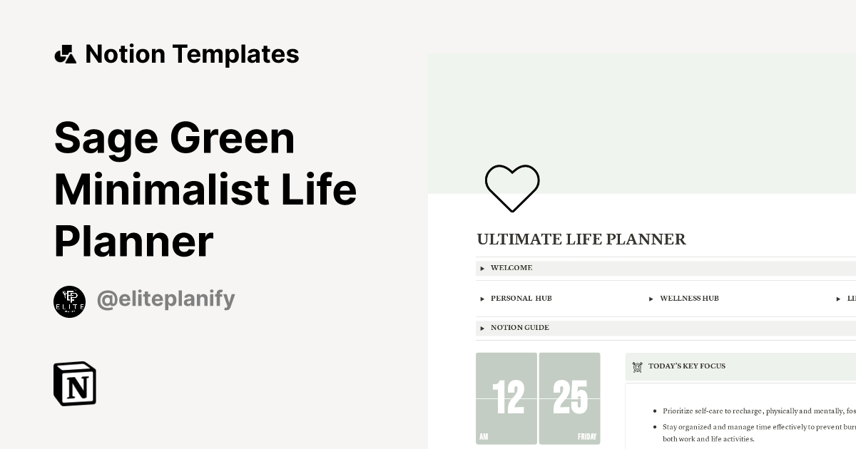 Sage Green Minimalist Life Planner Template by Elite Planify | Notion Marketplace