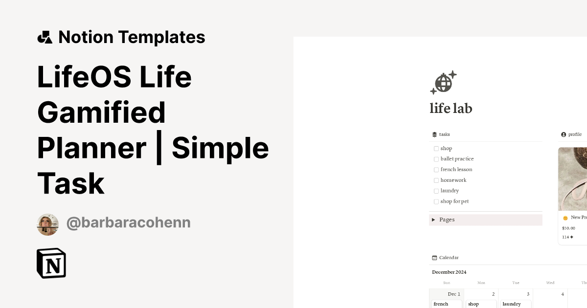 LifeOS Life Gamified Planner | Simple Task Template by Bárbara cohen ...