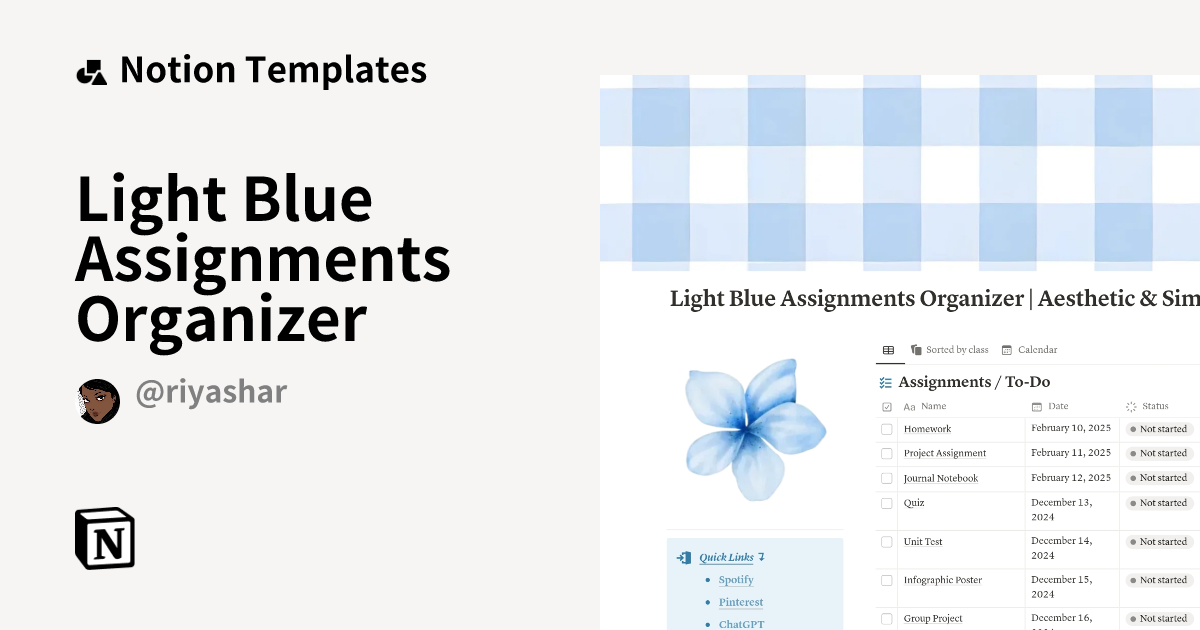 Light Blue Assignments Organizer Template by RiyaArranged | Notion ...