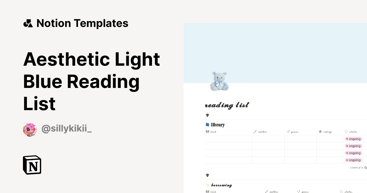 Aesthetic Light Blue Reading List Template by kikii | Notion Marketplace