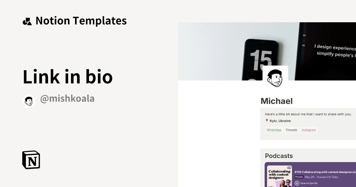 Link in bio Template by Mishko | Notion Marketplace
