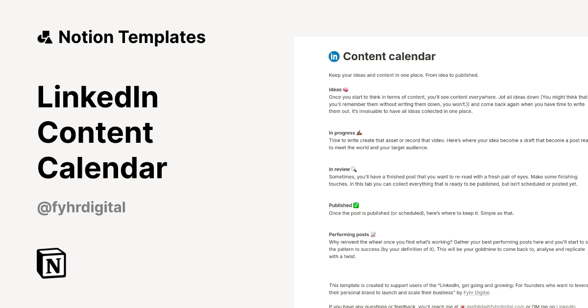 LinkedIn Content Calendar Template by Fyhr digital | Notion Marketplace