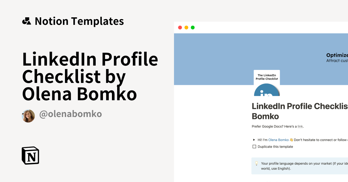LinkedIn Profile Checklist by Olena Bomko Template | Notion Marketplace