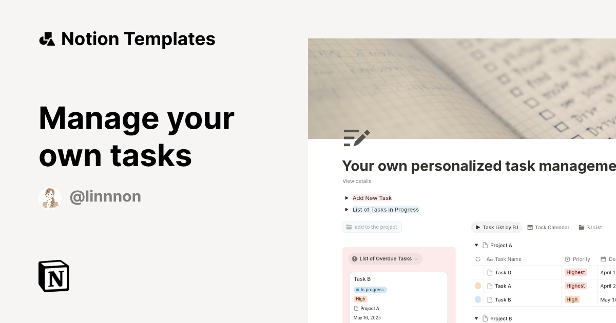 Manage your own tasks Template | Notion Marketplace
