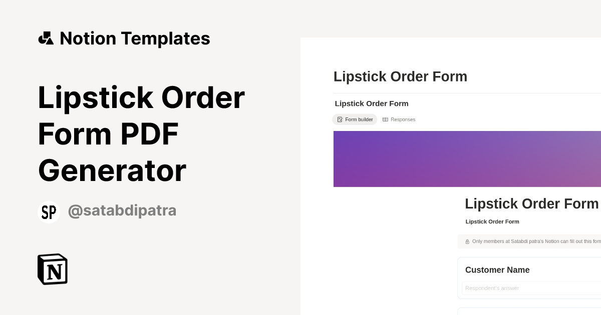 Lipstick Order Form PDF Generator Template | Notion Marketplace