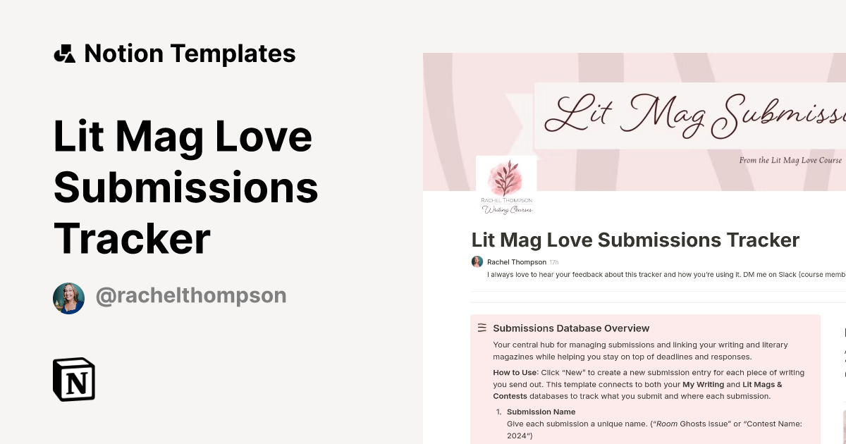 Lit Mag Love Submissions Tracker Template by Rachel Thompson, Writing Courses | Notion Marketplace