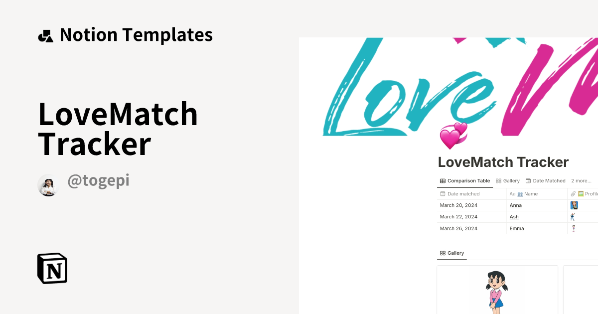 LoveMatch Tracker Template by TogepiLinhVuu | Notion Marketplace